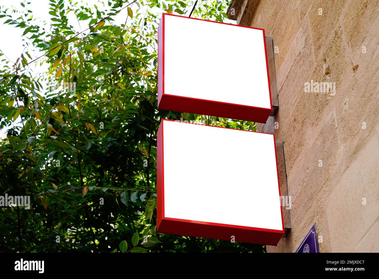 two red frame signboard side view of empty white mock-up modern Stock ...