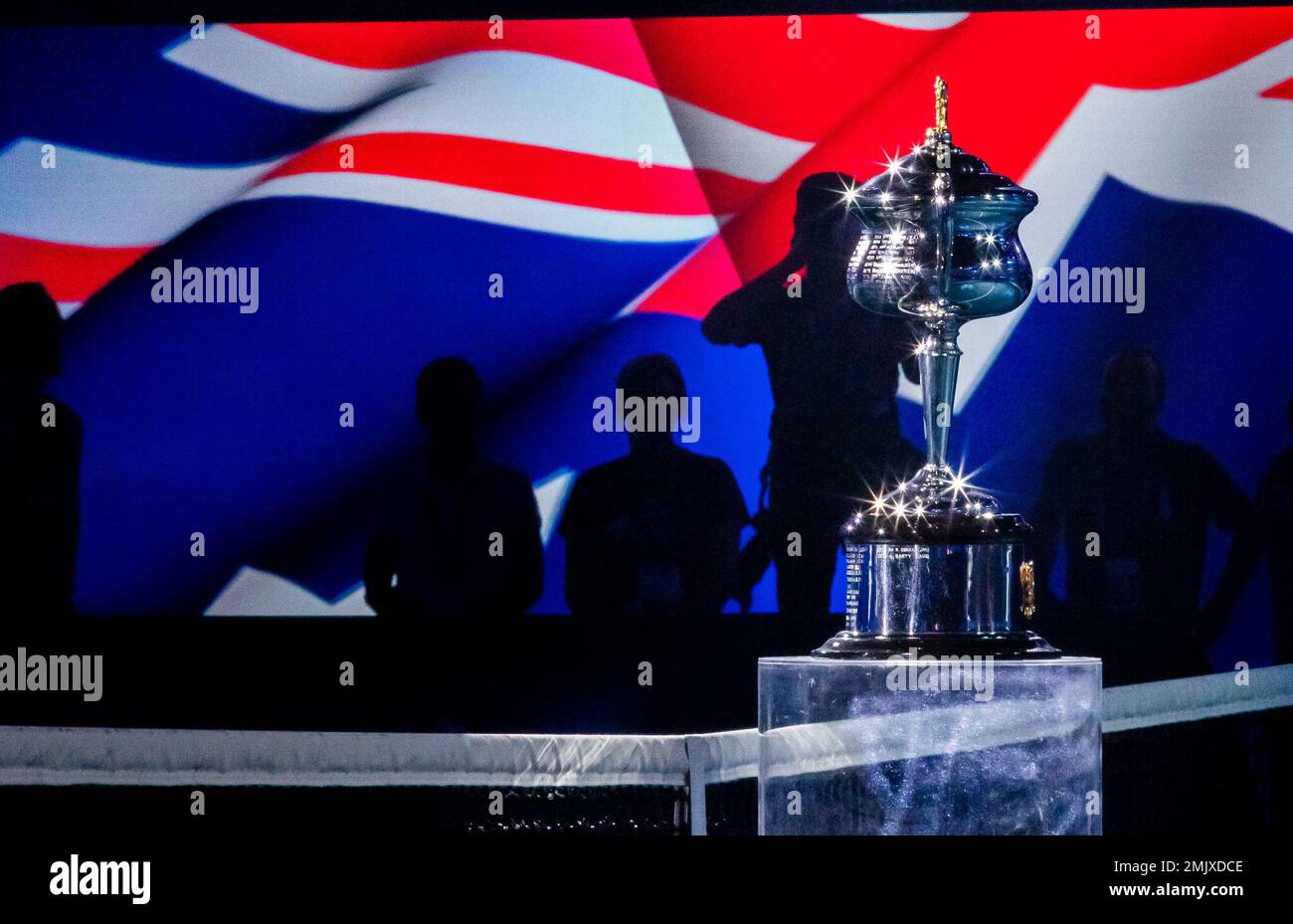 Melbourne, Australia. 28th Jan, 2023. The trophy is displayed prior to ...