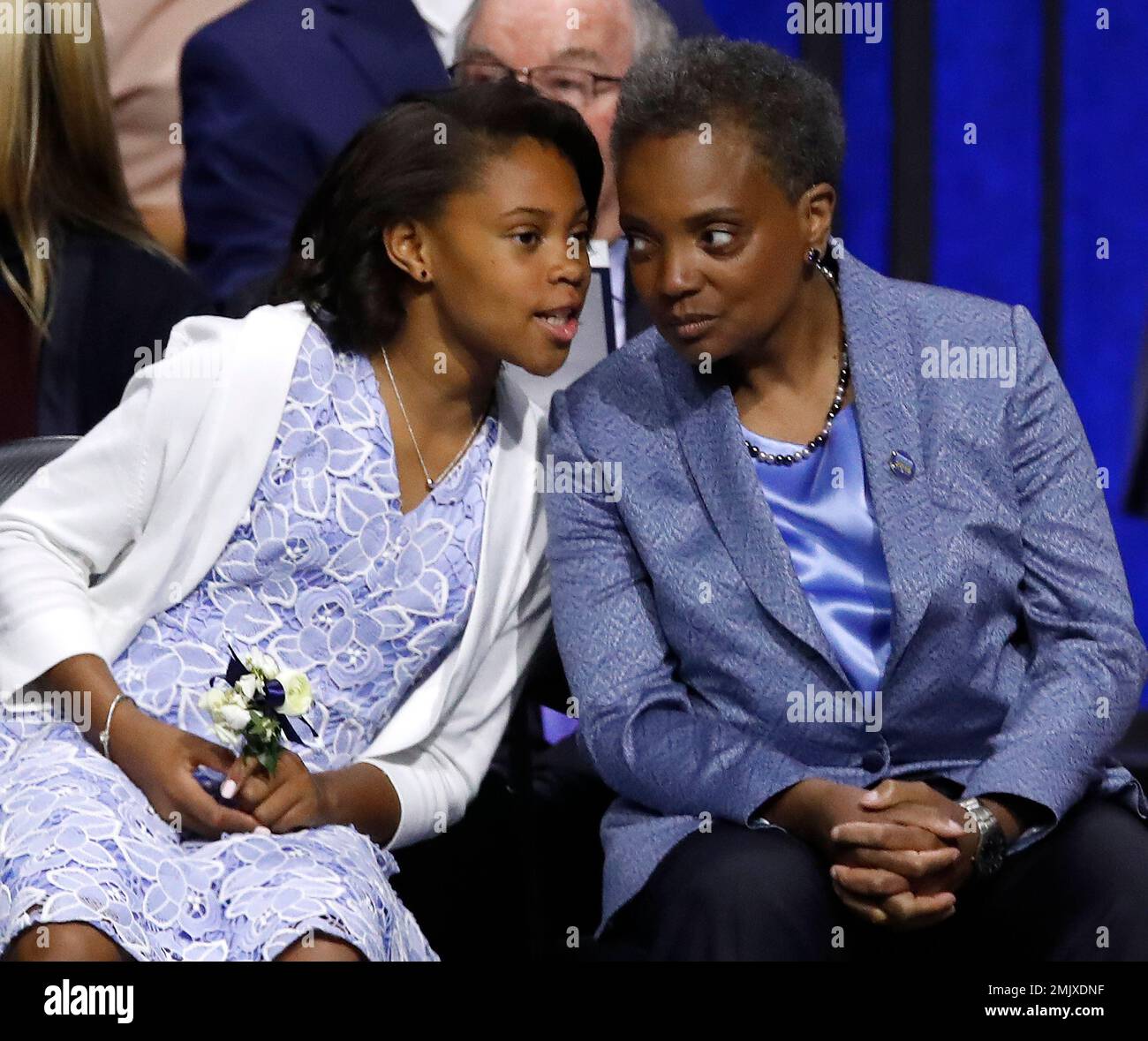Mayor of Chicago Lori Lightfoot, right, speaks with her daughter Vivian ...