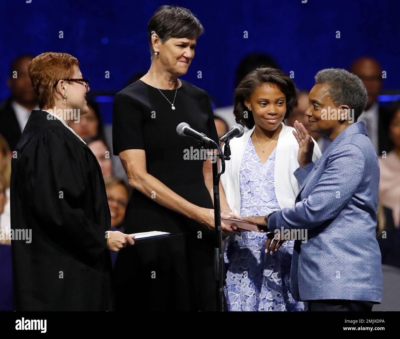 Mayor of Chicago Lori Lightfoot, right, takes her oath from U.S ...