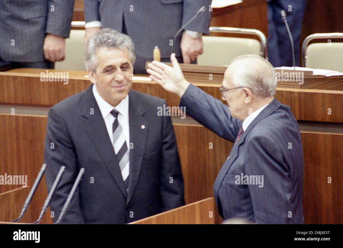 Newly elected Egon Krenz shown with President of the People's Chamber ...