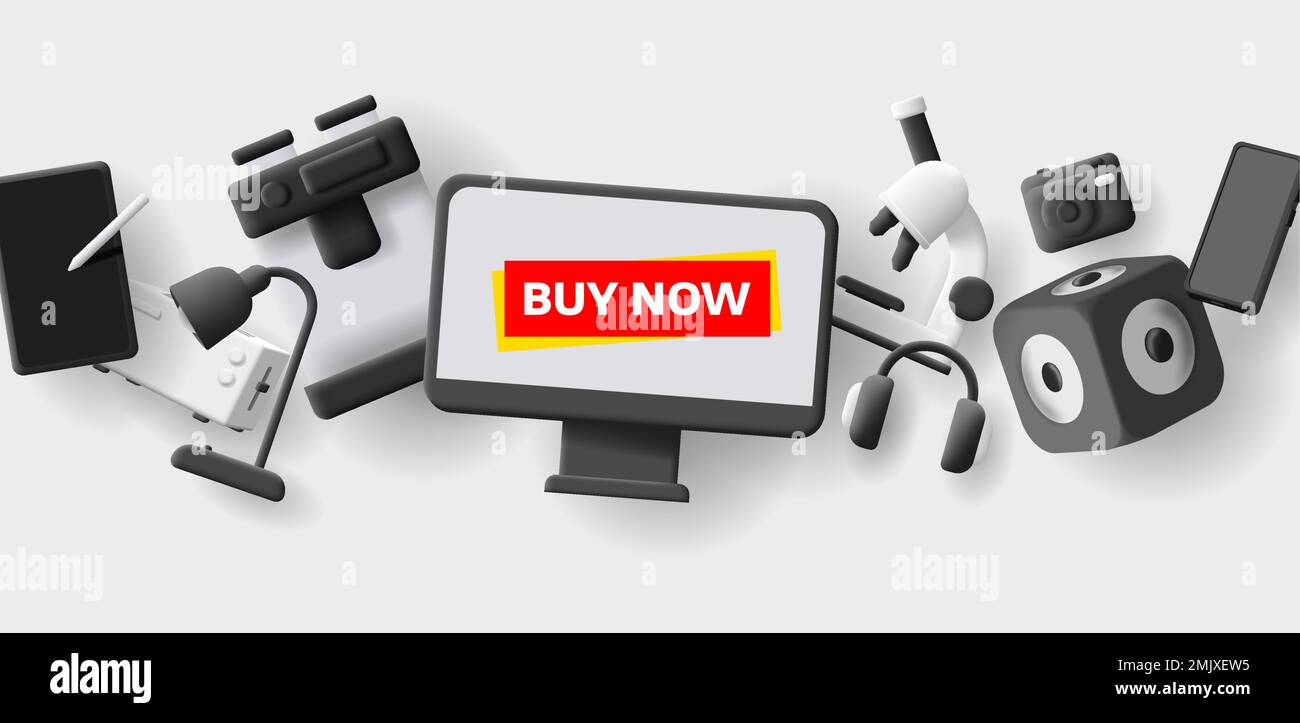Electronics and kitchen smart gadgets, internet of things 3d icons sale banner, modern render ...