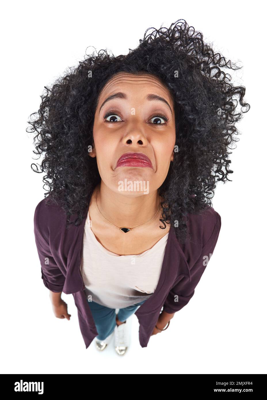 Sad, face and woman overhead disappointed and feeling unhappy isolated ...