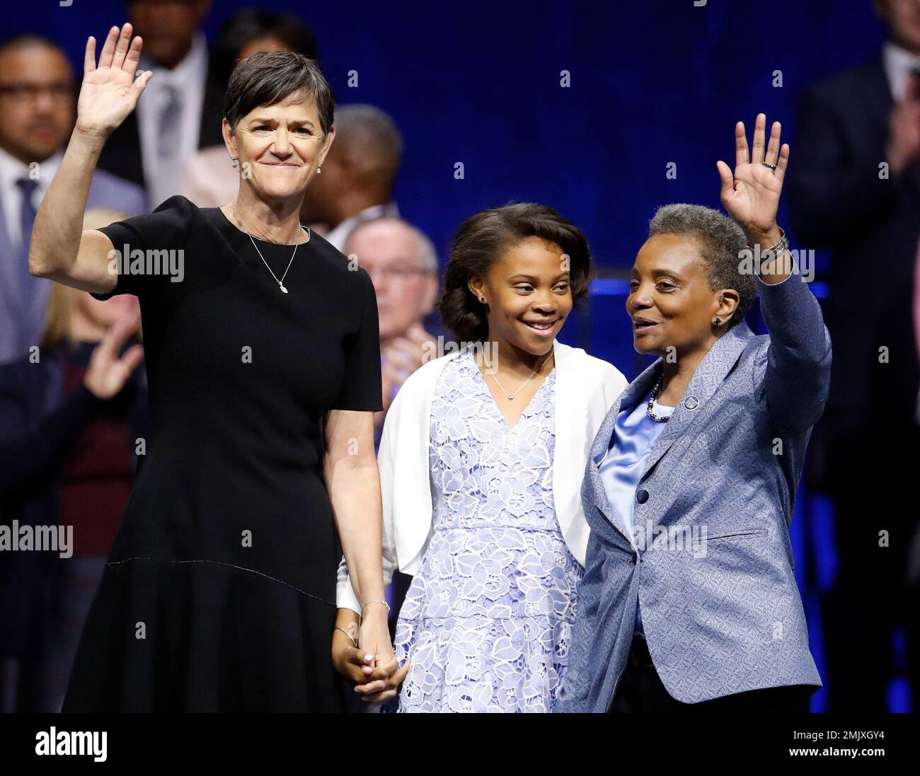 Mayor of Chicago Lori Lightfoot, right, is joined on stage with her ...