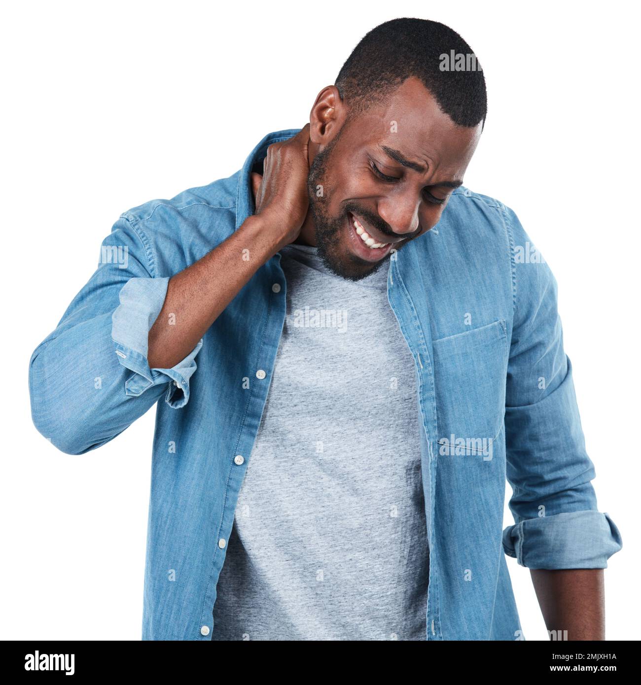 Ouch. Burnout, stress and neck pain by a man feeling hurt isolated ...