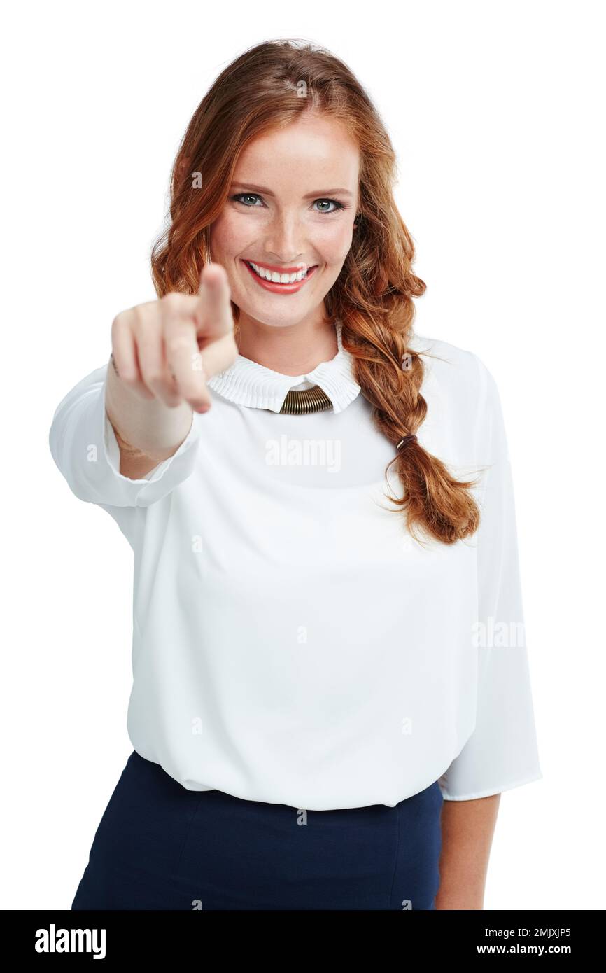 Businesswoman pointing finger for UI in studio, isolated portrait on a ...
