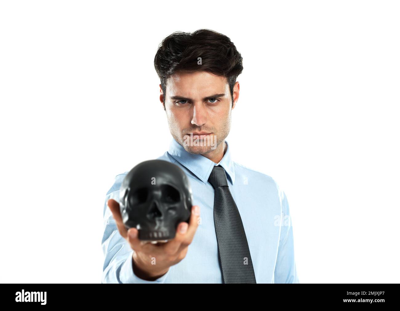 Portrait, black skull and business man in studio for death, symbol and ...