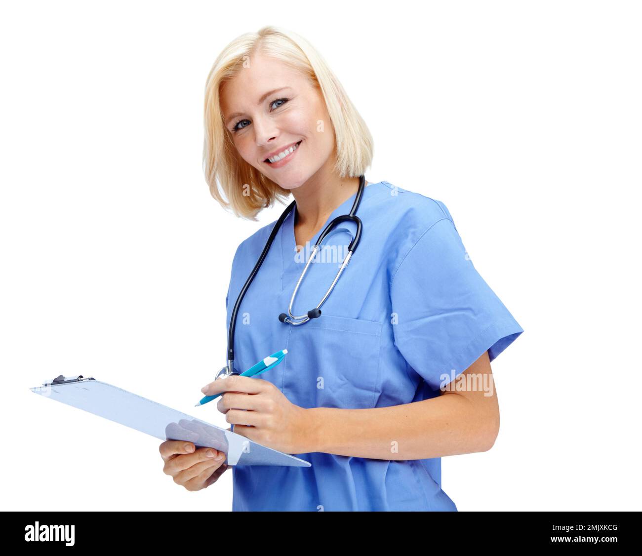 Portrait, healthcare and writing with a nurse woman in studio isolated ...