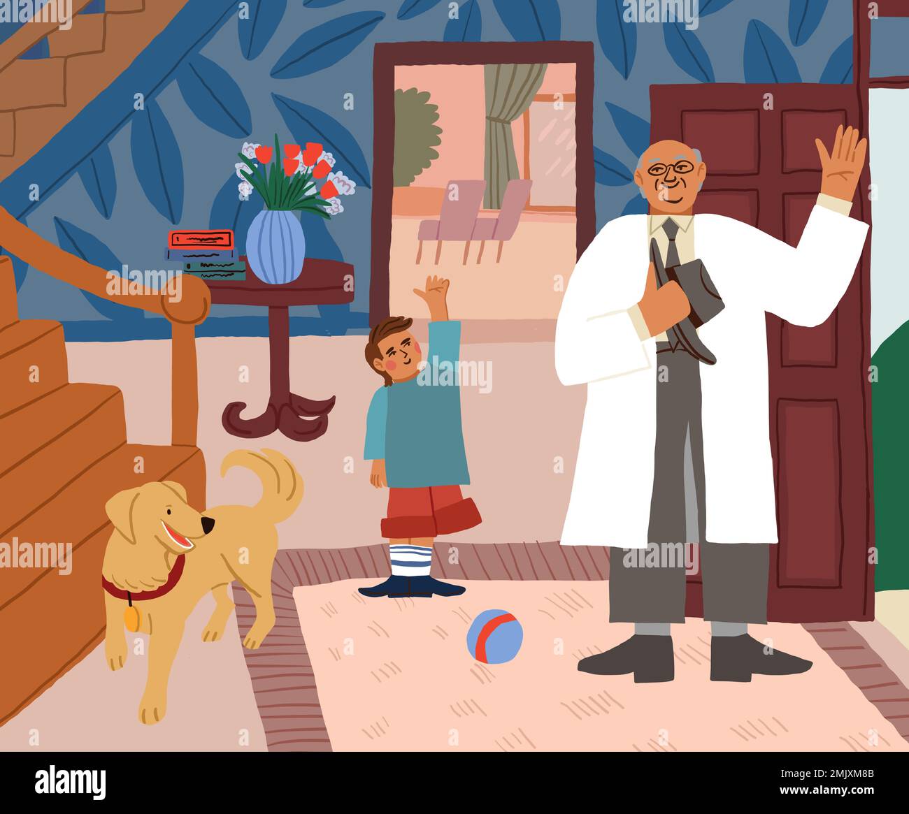 Cartoon doctor in mask visiting children at home. Sick boy and girl ...