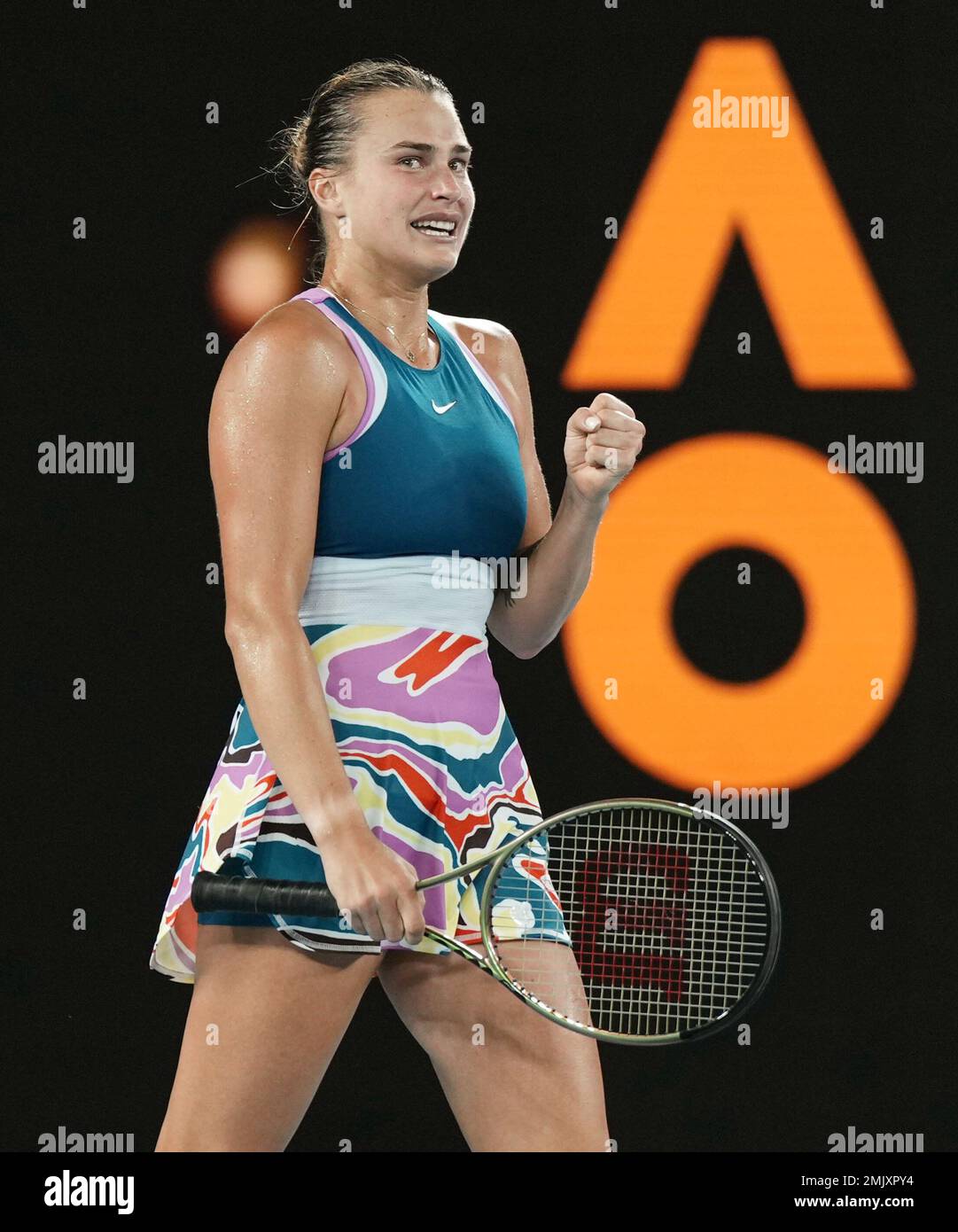 Belarus' Aryna Sabalenka reacts after beating Wimbledon champion Elena ...