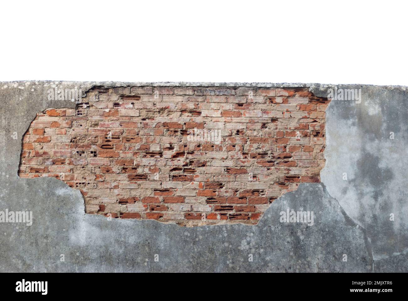 half destroyed old wall with exposed red bricks with area for copy space horizontal Stock Photo ...