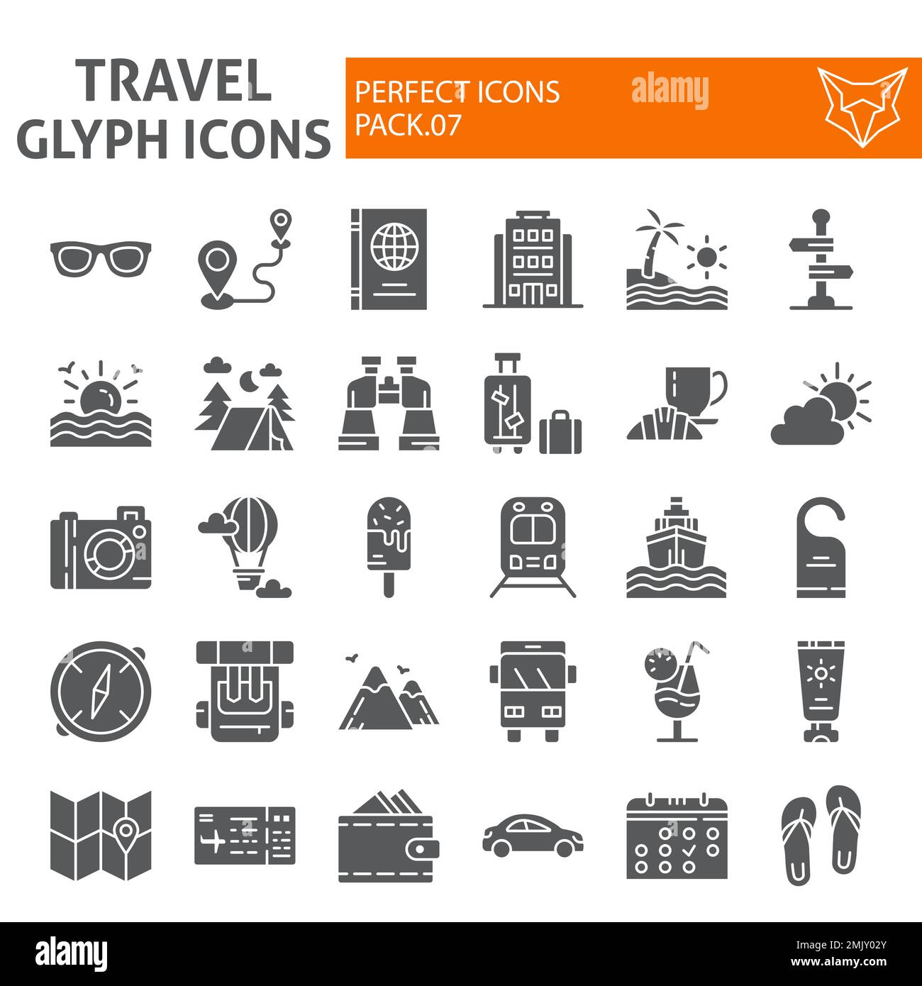 Travel glyph icon set, tourism symbols collection, vector sketches, logo illustrations, holiday ...