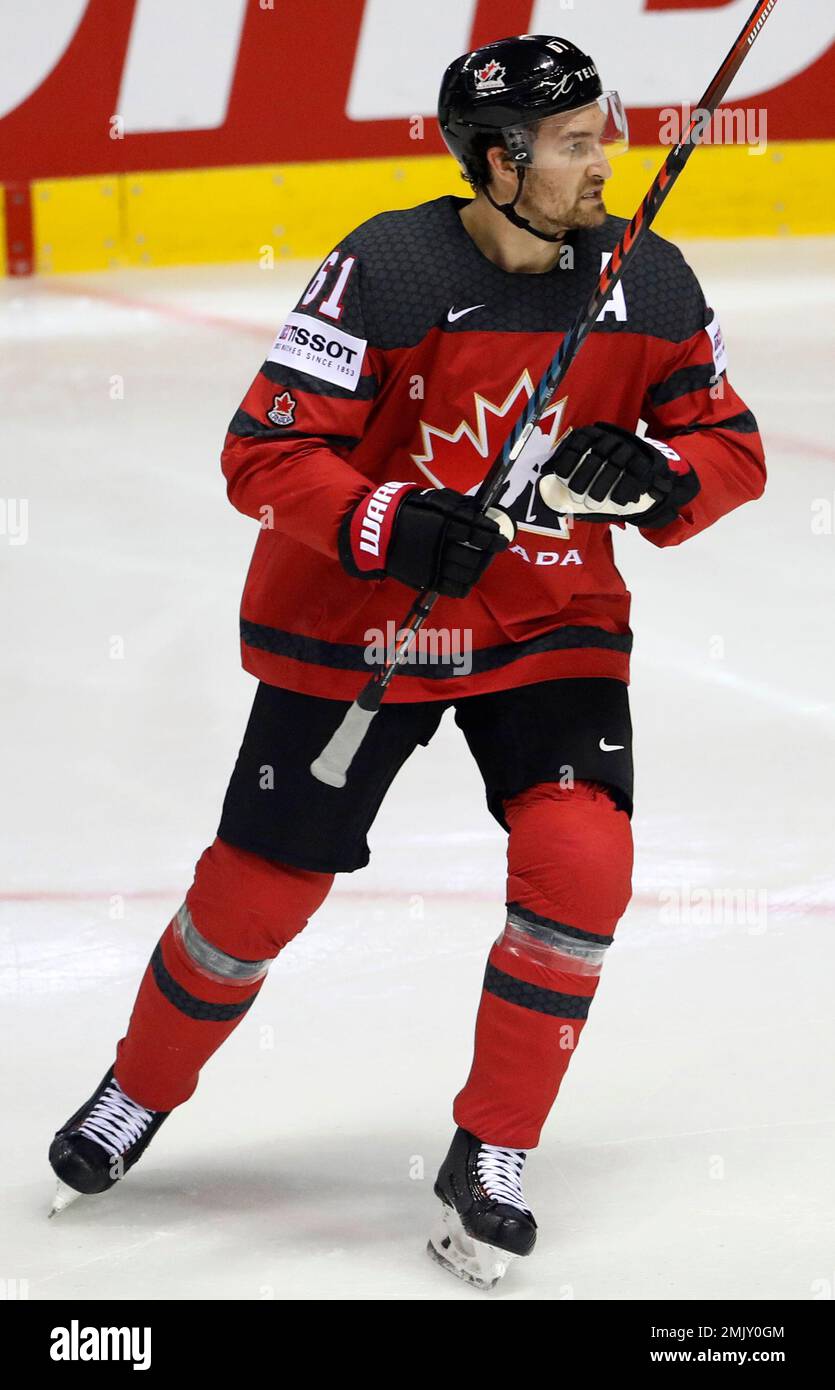 Canada's Mark Stone celebrates after scoring his sides third goal ...