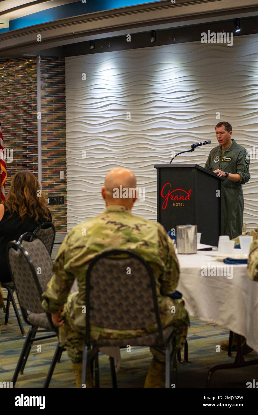 Col. Daniel Hoadley, 5th Bomb Wing commander, speaks to the Military ...