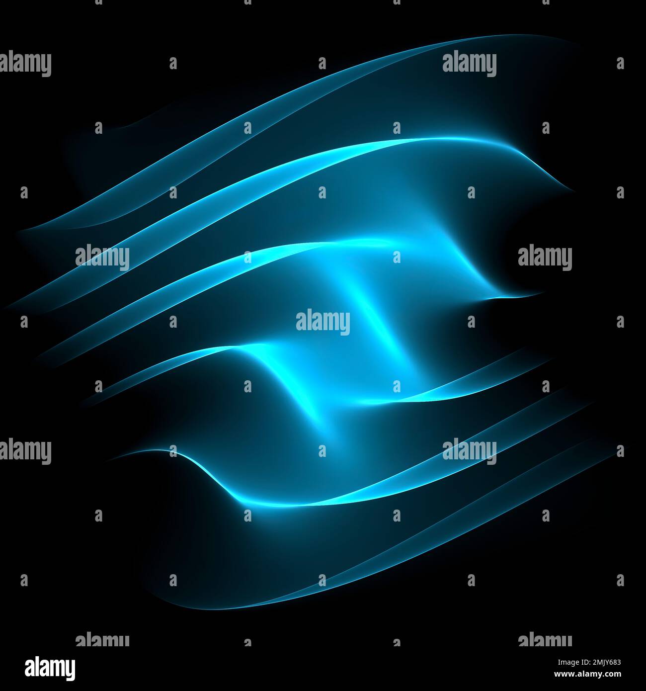 Futuristic smoke. Neon blue color light geometric lines on a black ...