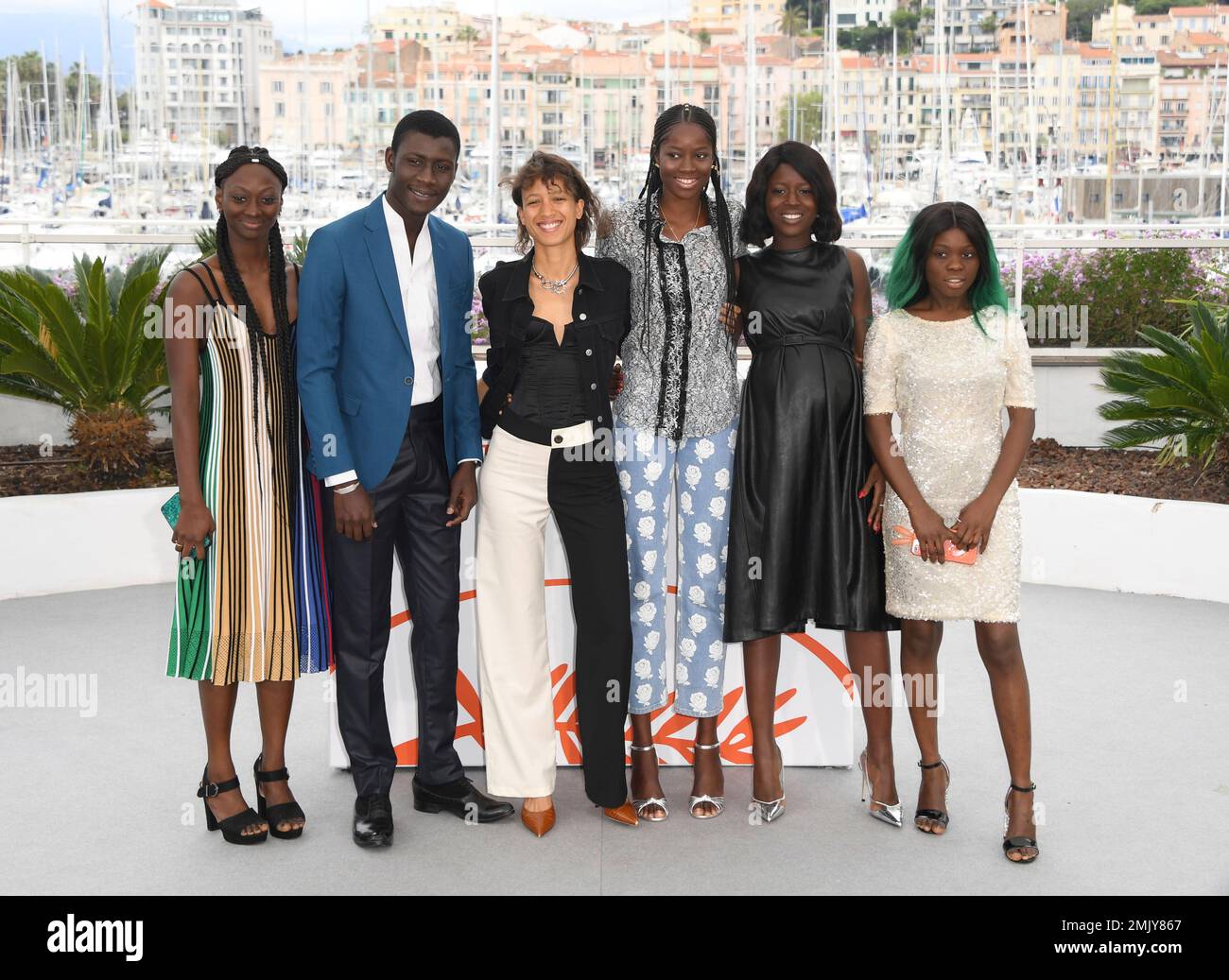 Actors Aminata Kane, from left, Amadou Mbow, director Mati Diop, actors ...