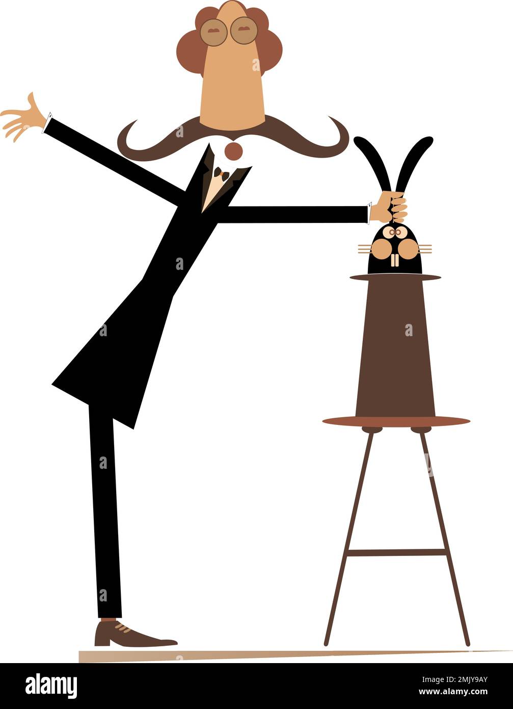 Funny trick. Circus, man, rabbit illustration. Cartoon long mustache ...