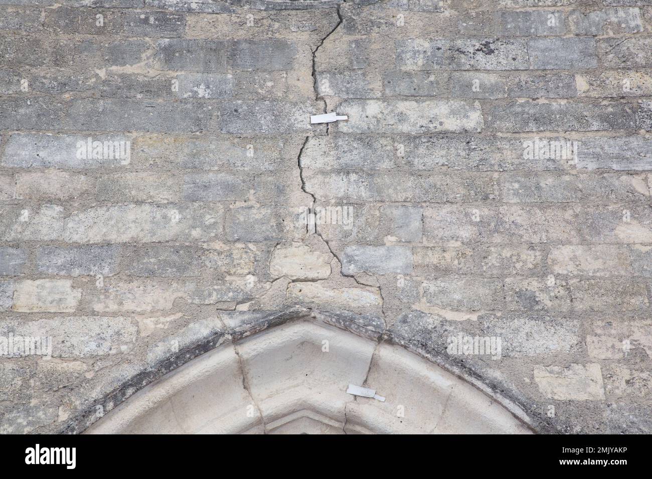 Rulers measuring the cracks in church wall Stock Photo - Alamy