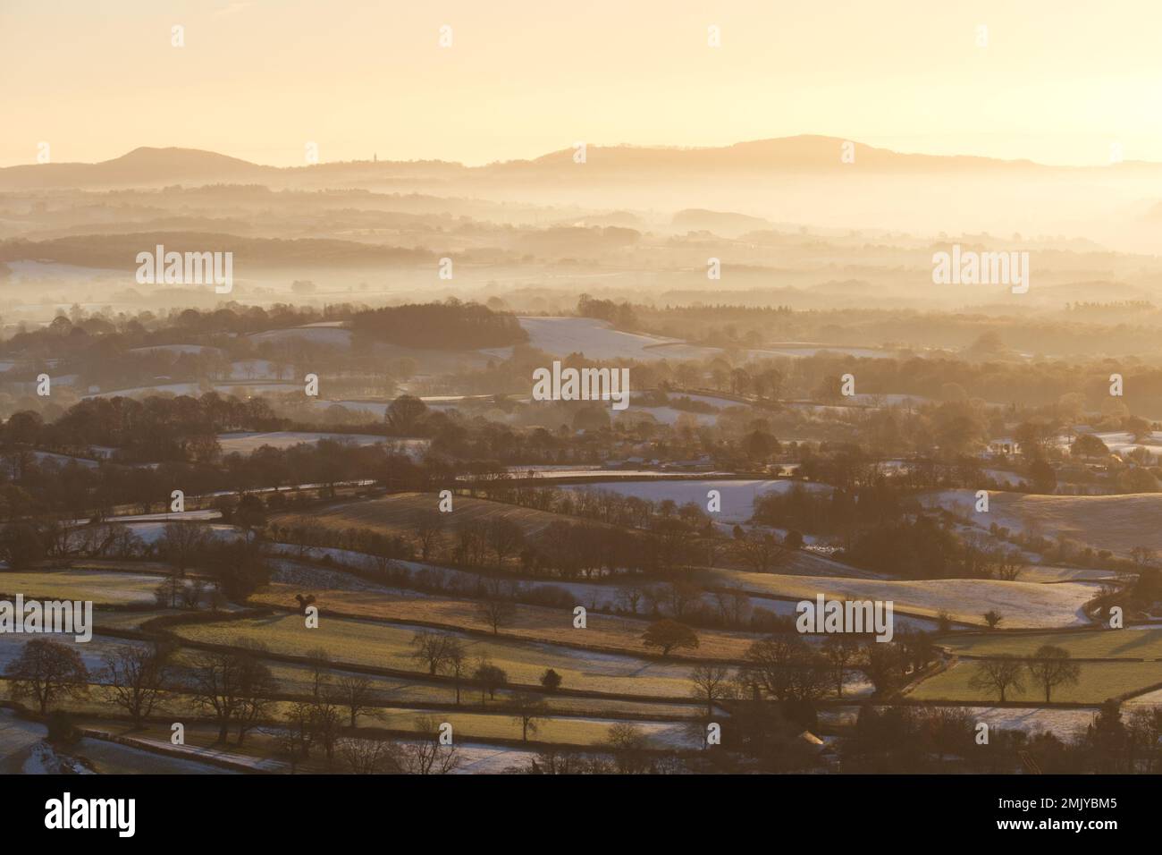 Winter sunrise view of the Teme Valley, taken from Clee Hill Common ...