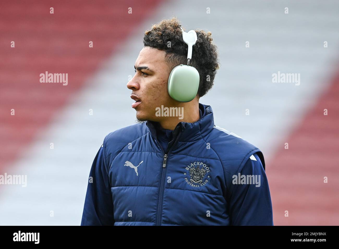 Morgan Rogers #25 of Blackpool arrives ahead of the Emirates FA Cup ...