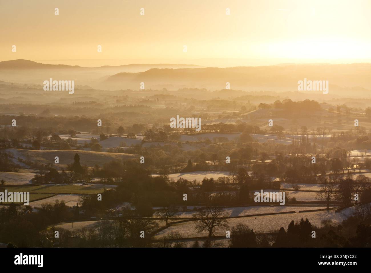 Winter sunrise view of the Teme Valley, taken from Clee Hill Common ...