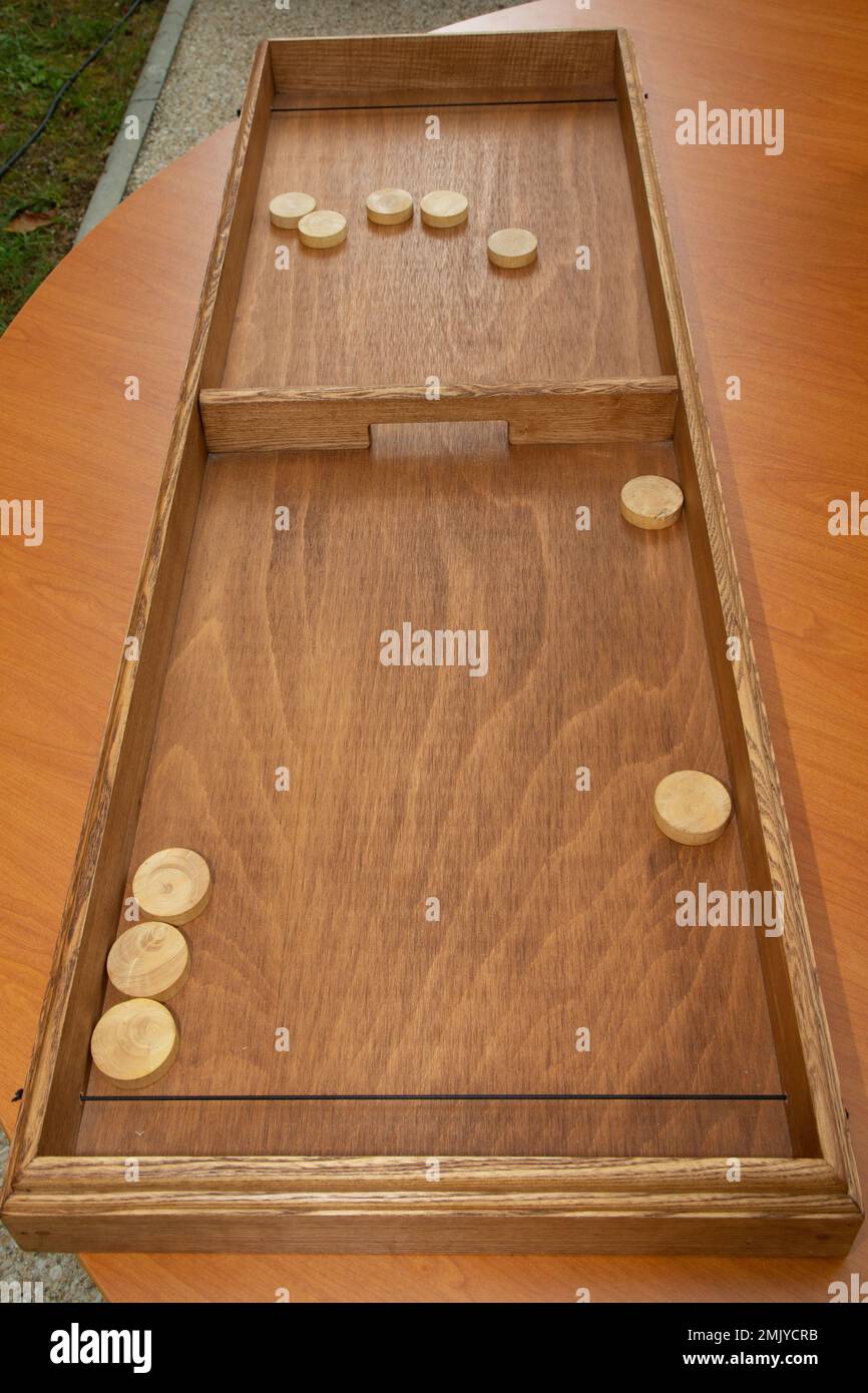Vintage shuffle board game old wooden table toy with shuffleboard Stock ...