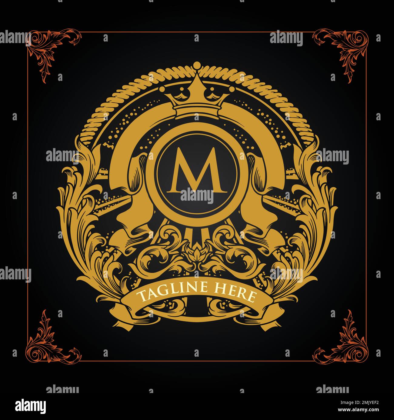 Classic elegant gold badge crown shield flourish illustration vector ...