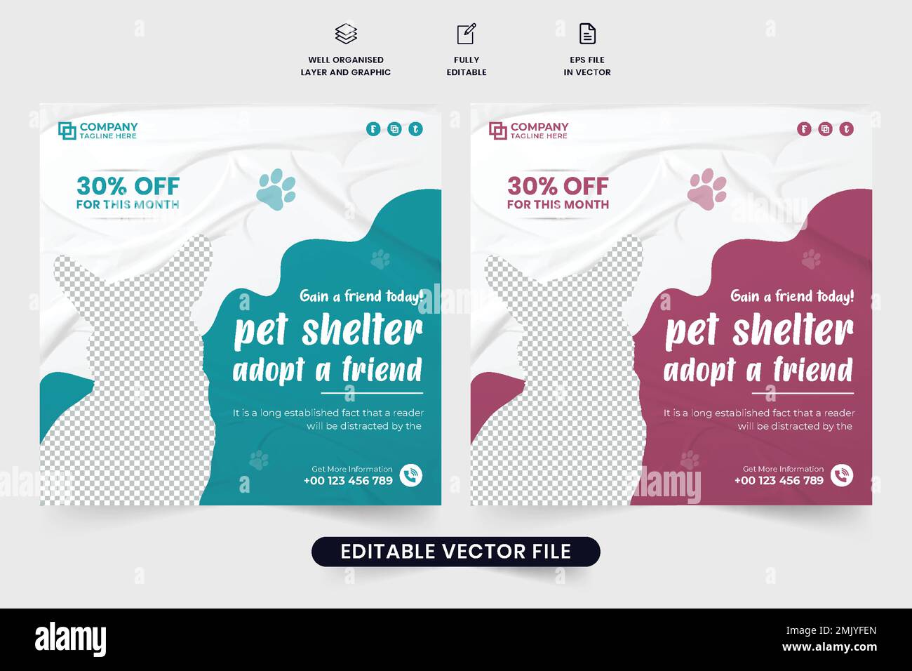 Animal shelter and adoption social media post vector with dark magenta ...