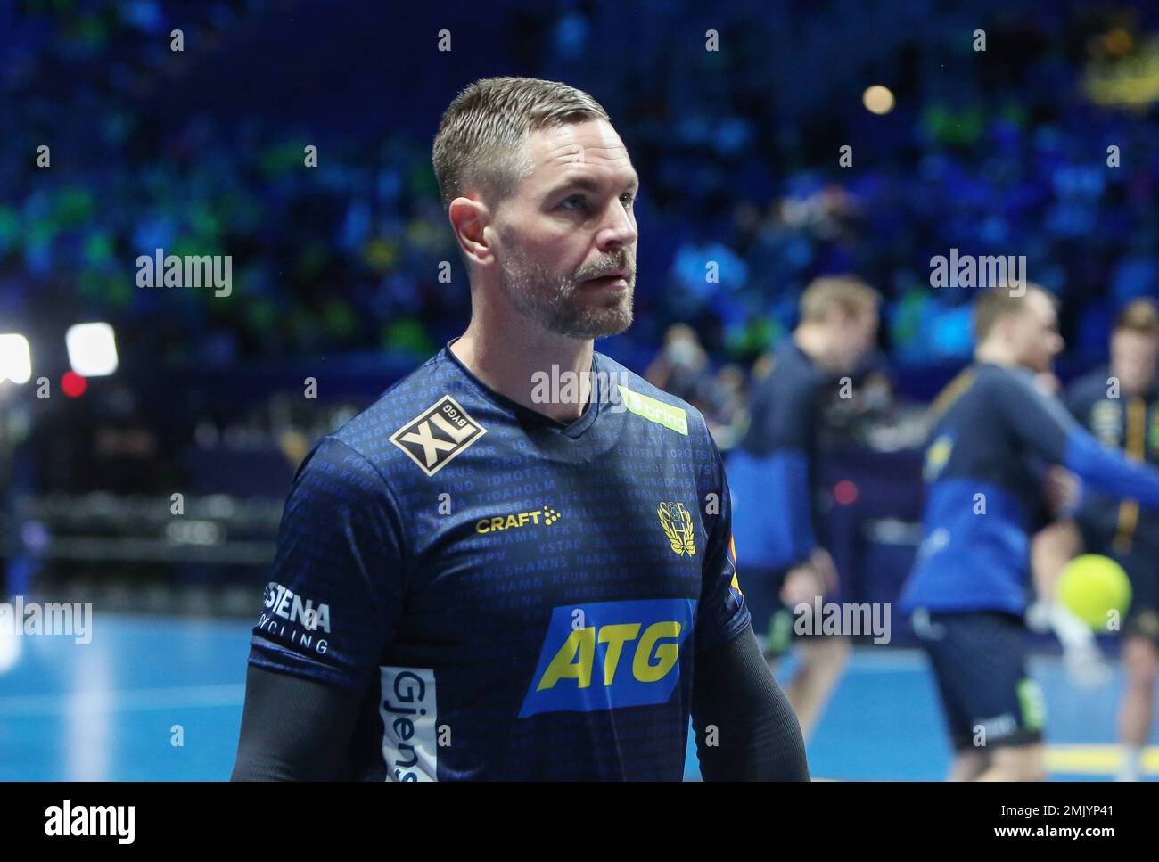 Andreas Palicka of Sweden warms up during the IHF Men's World Championship 2023, Semi-Finals ...
