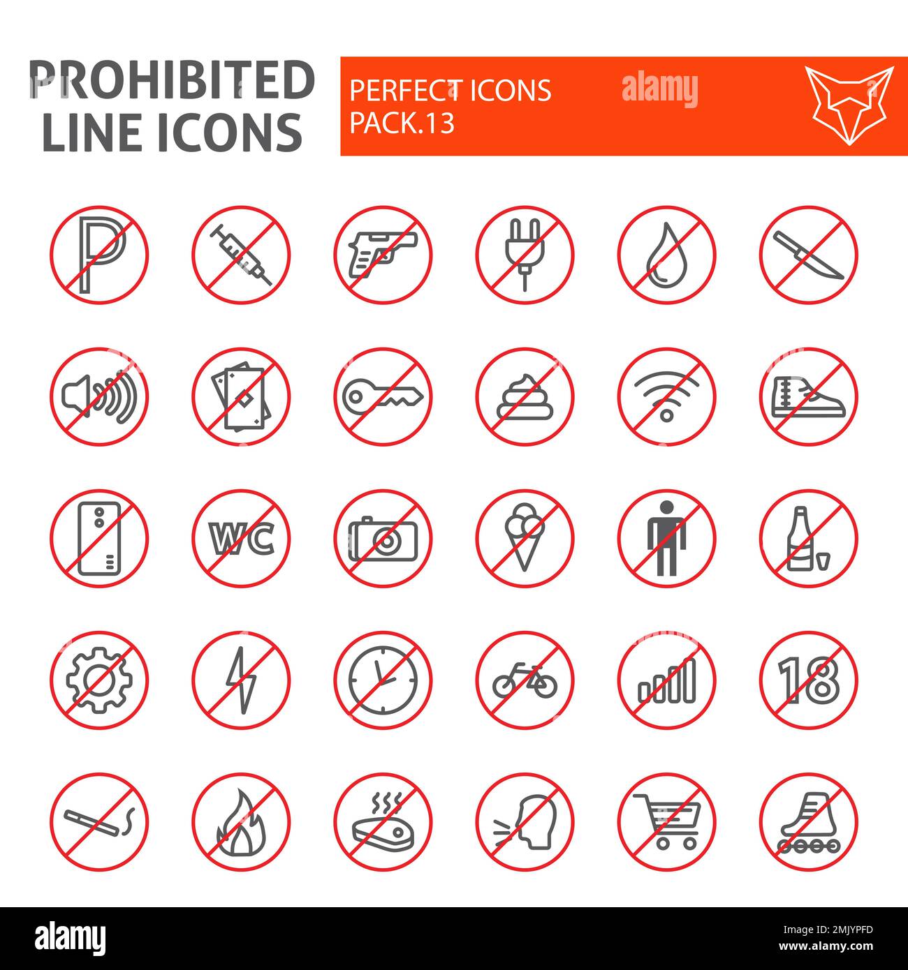 Prohibited line icon set, warning symbols collection, vector sketches ...