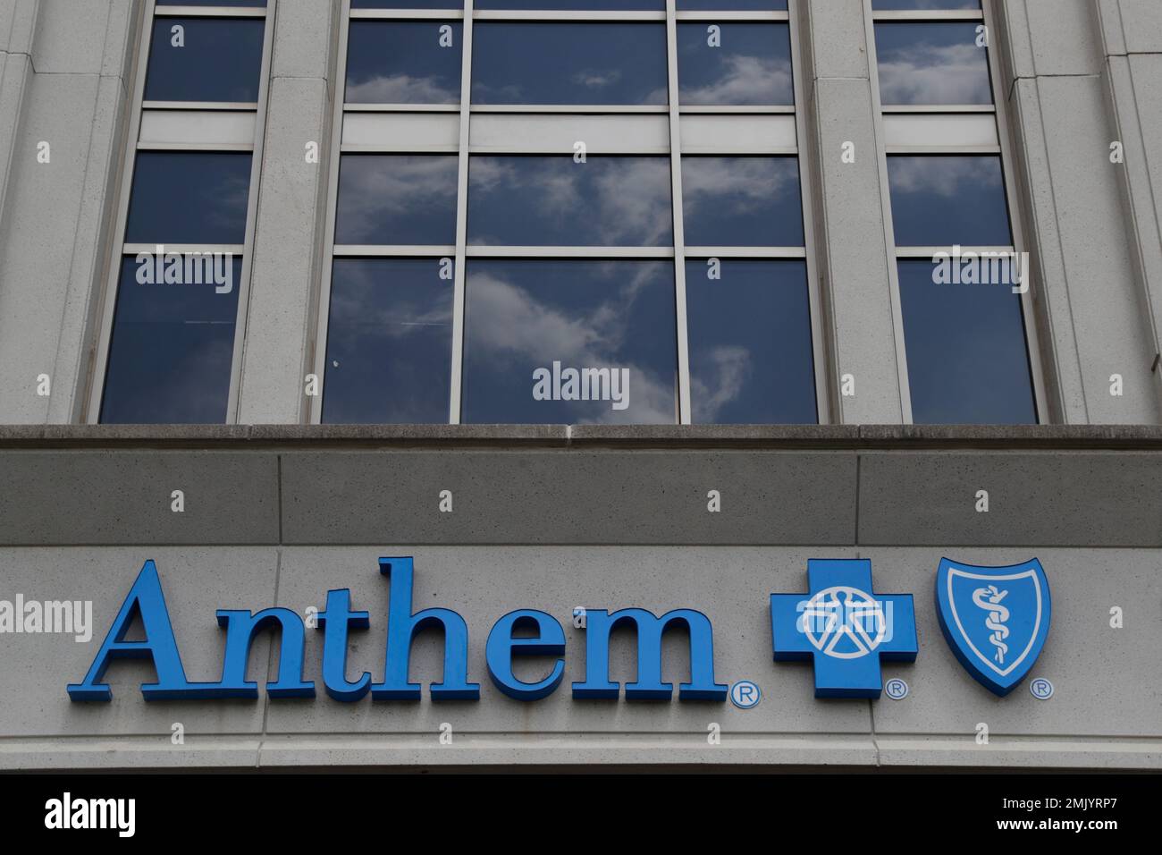 Signage on the outside of the corporate headquarters building of health ...