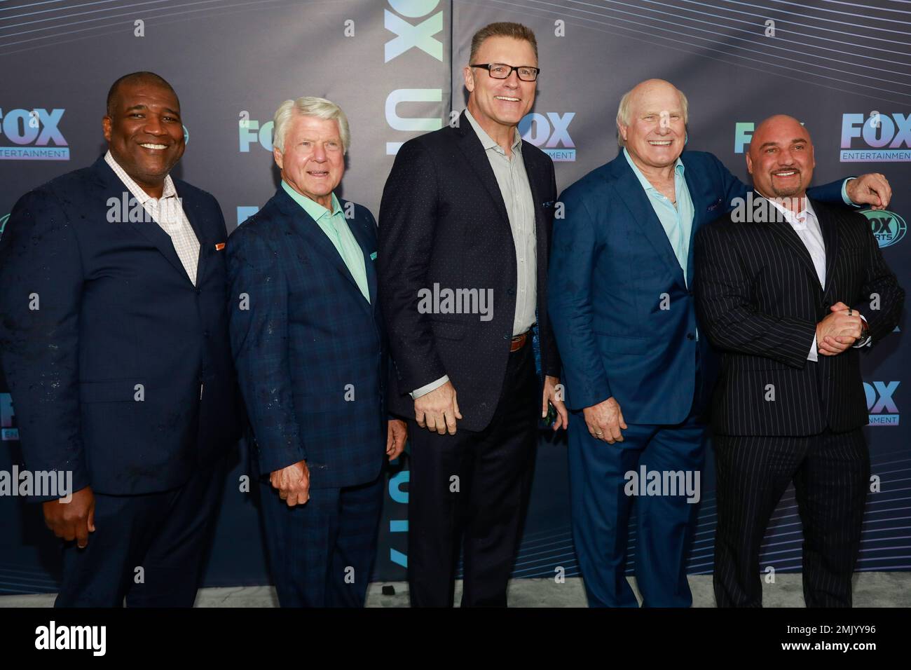 Curt Menefee, from left, Jimmy Johnson, Howie Long, Terry Bradshaw and ...