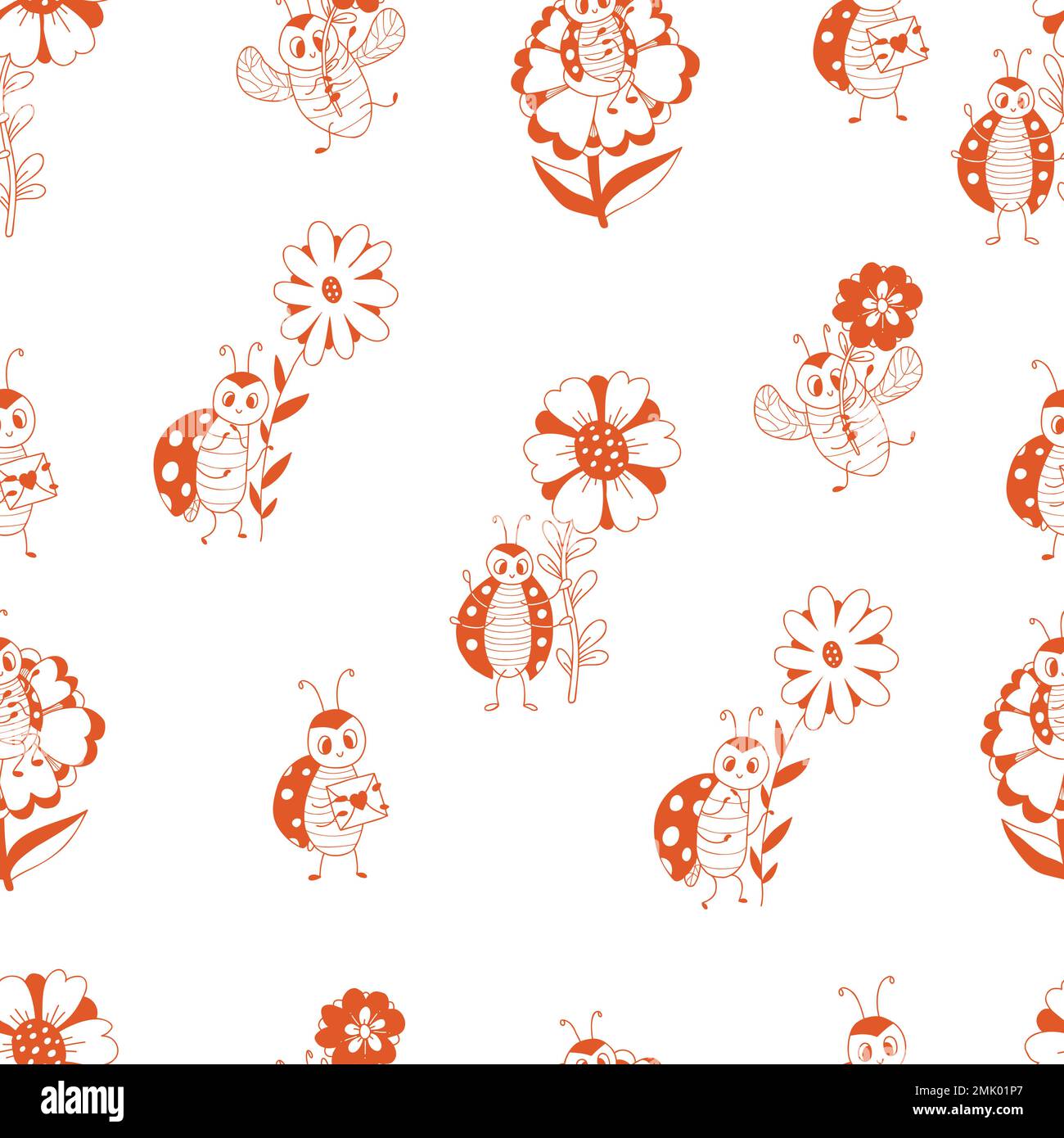Seamless pattern with cute ladybugs with flowers and love letter on ...
