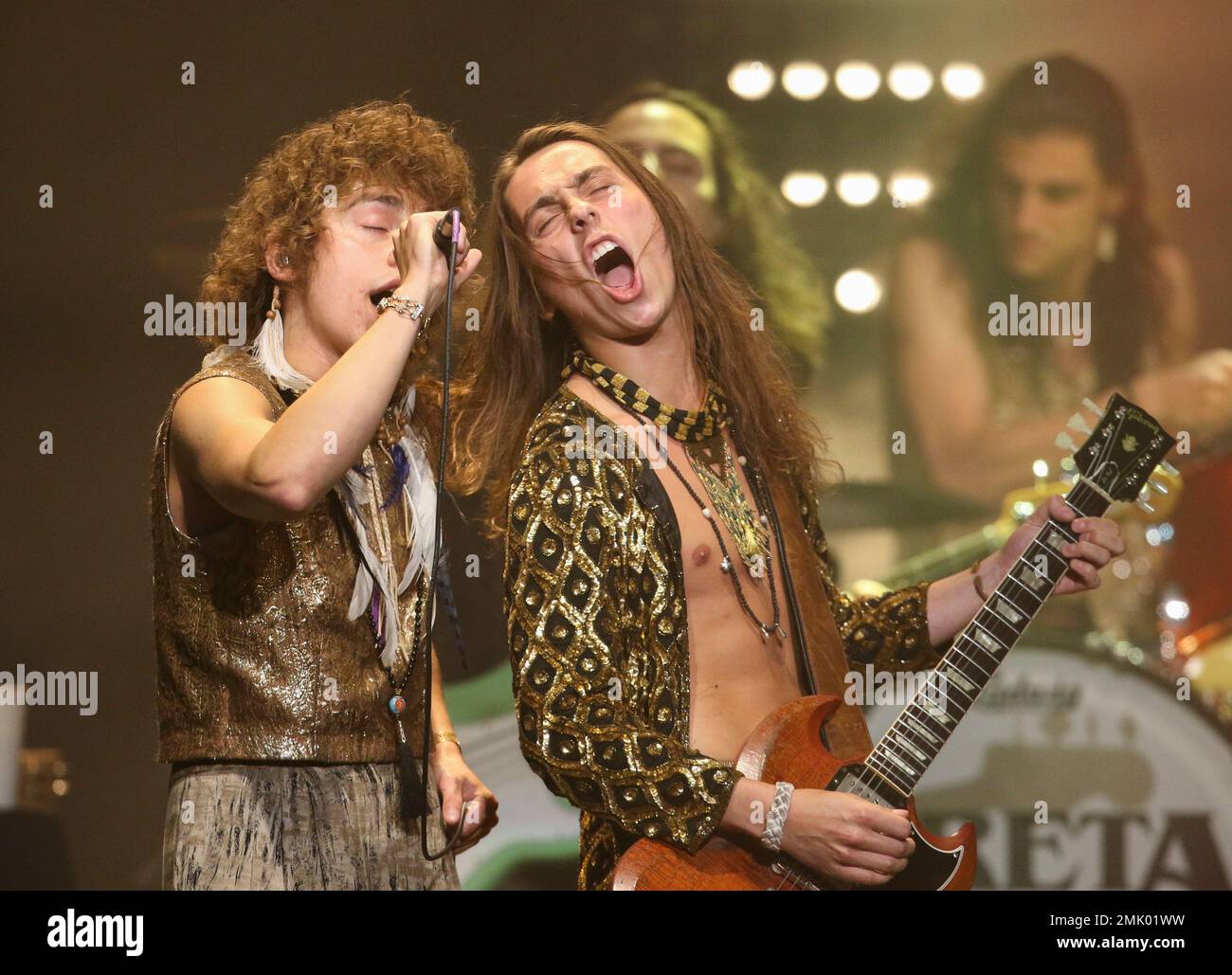 Josh Kiszka and Jake Kiszka with Greta Van Fleet performs during the ...