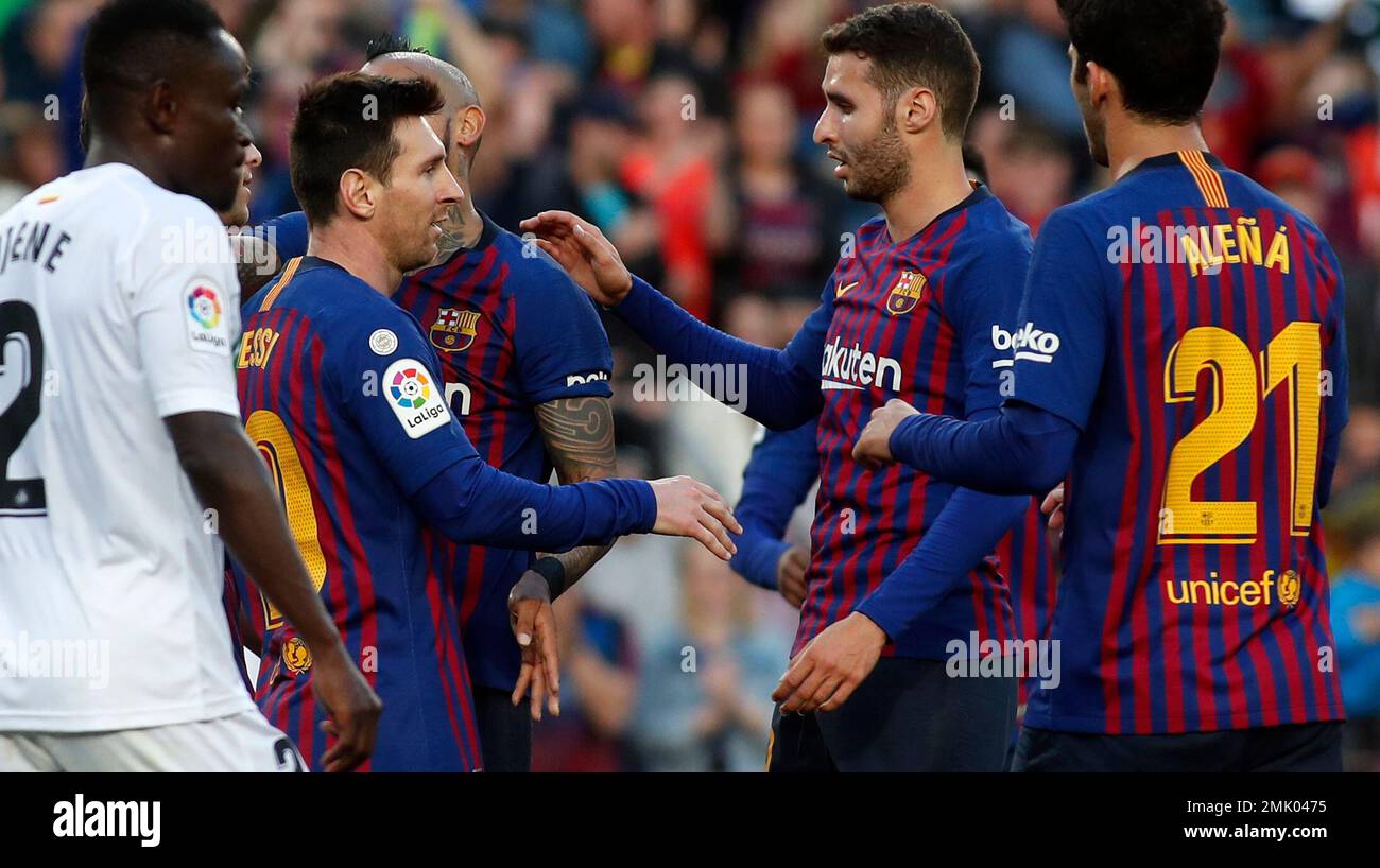 Barcelona forward Lionel Messi celebrates scoring his side's 2nd goal ...