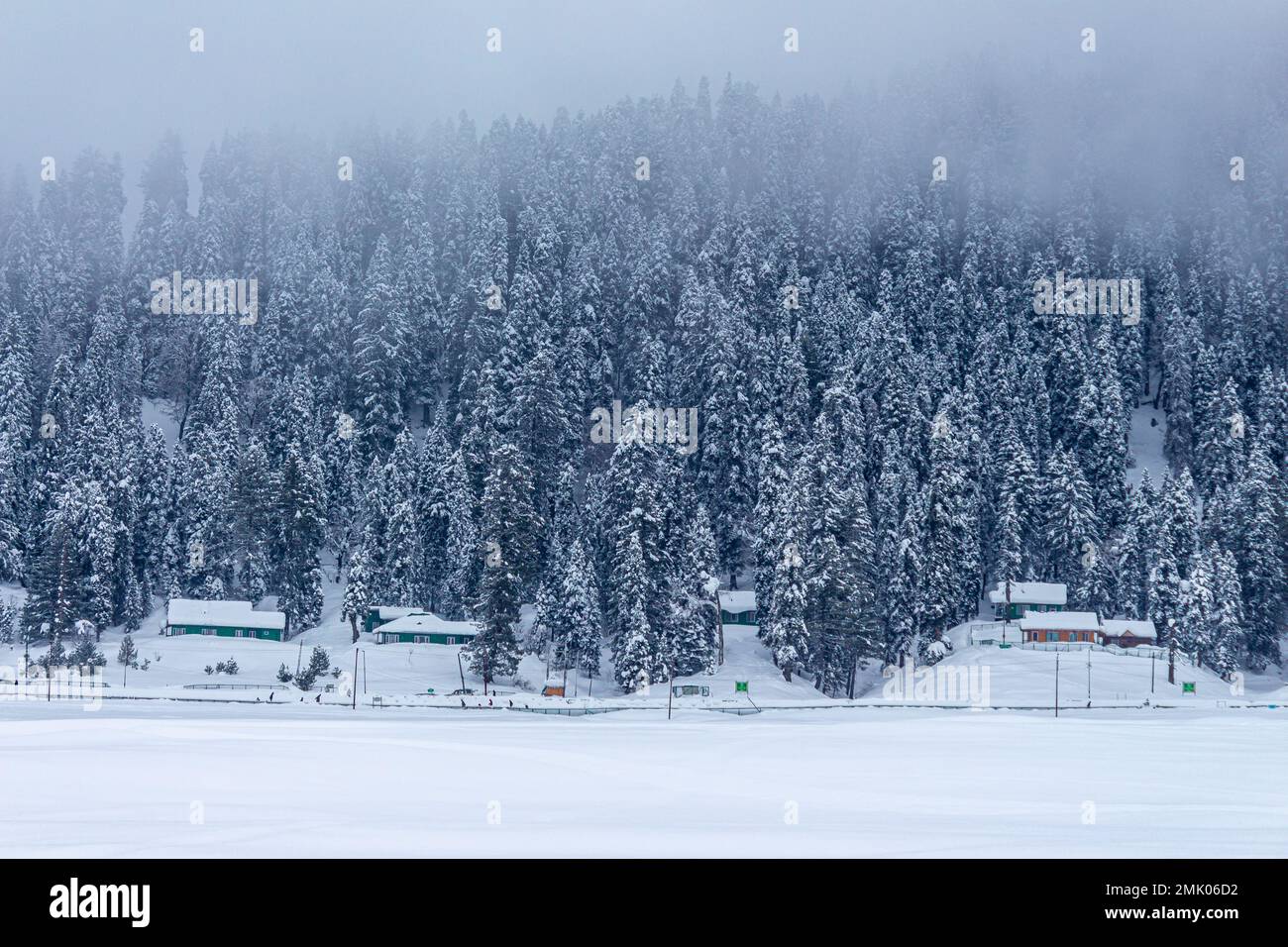 Beautiful view of Gulmarg during winter season surrounded by snow ...