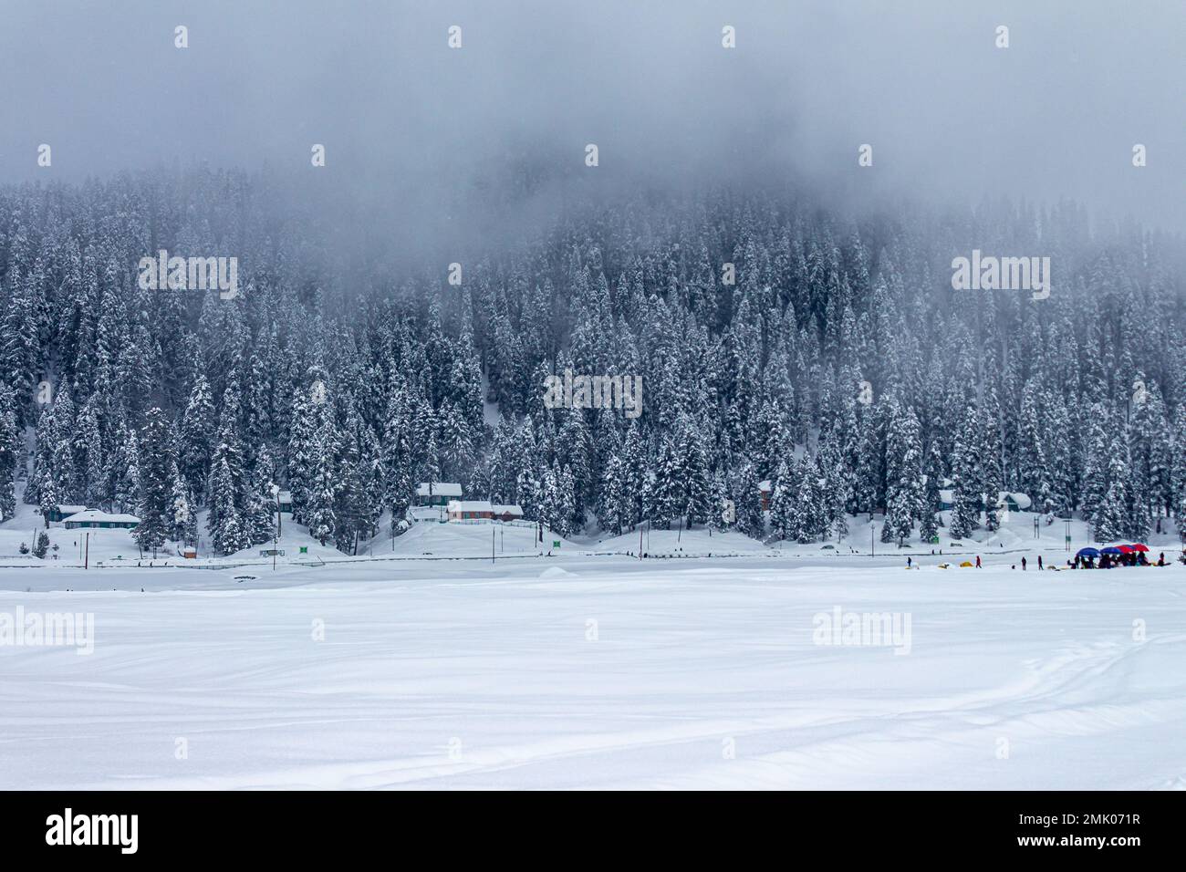 Beautiful view of Gulmarg during winter season surrounded by snow ...
