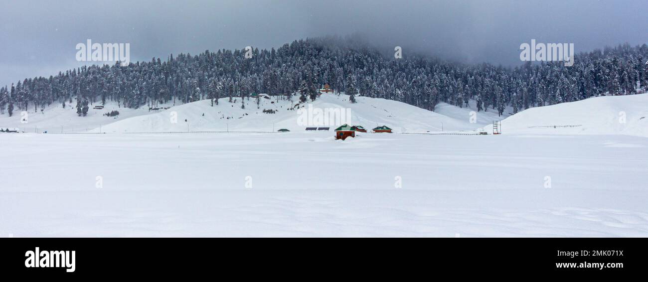 Beautiful view of Gulmarg during winter season surrounded by snow ...