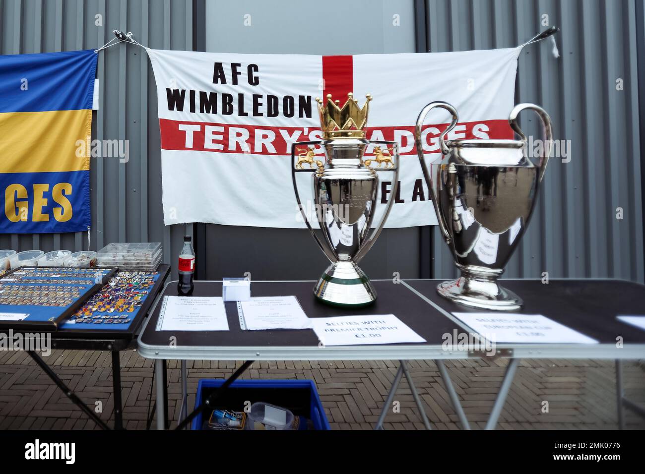 Street vendors display premier league and champions league replica cups ...