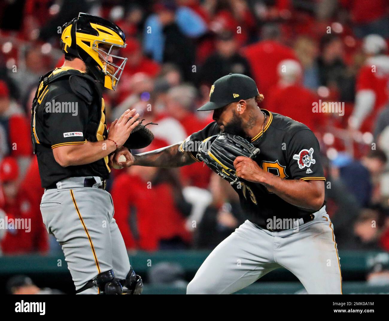 Pittsburgh Pirates relief pitcher Felipe Vazquez, right, and catcher ...