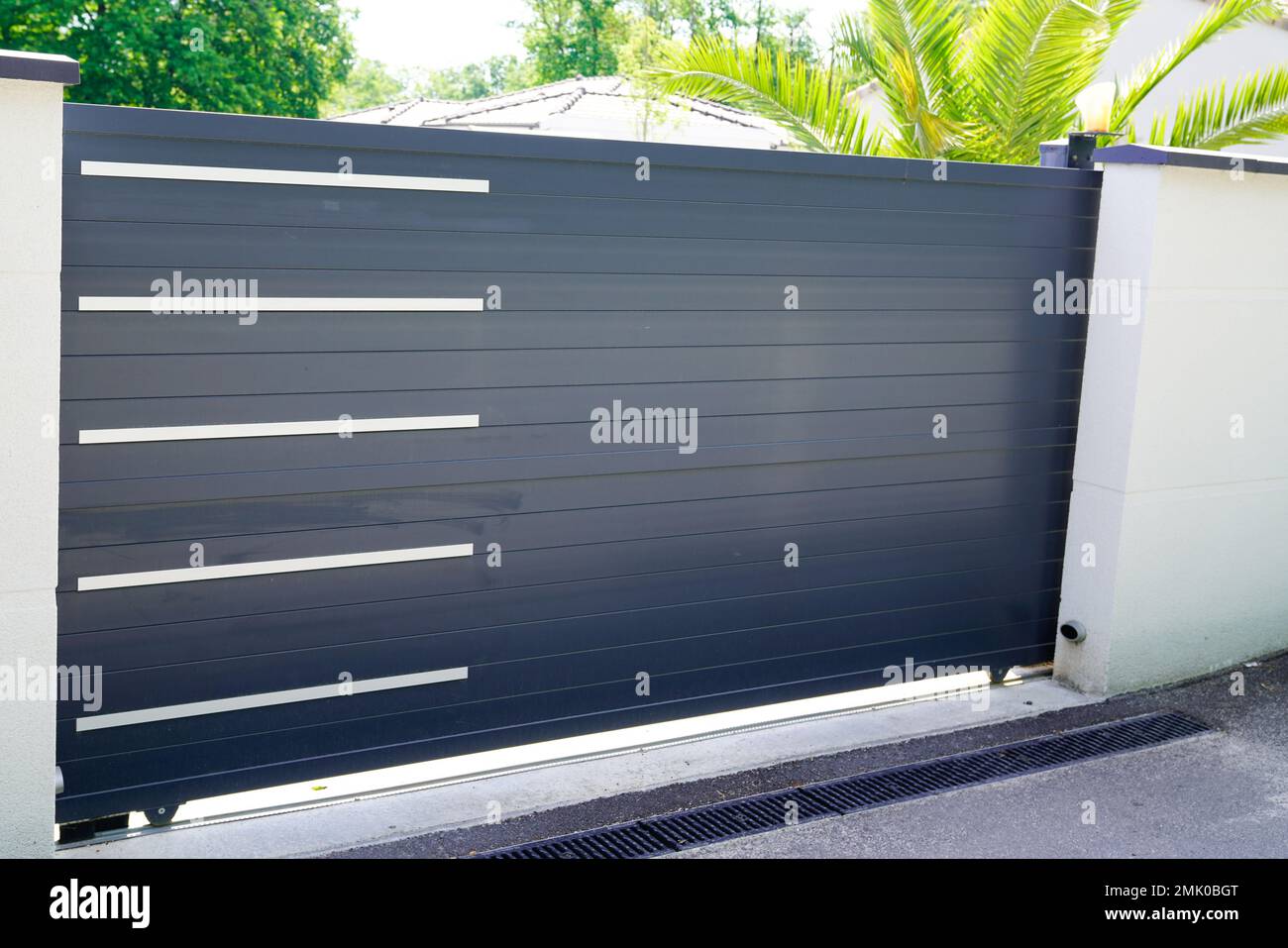 Aluminum slide door grey sliding metal gate house portal of suburb home ...