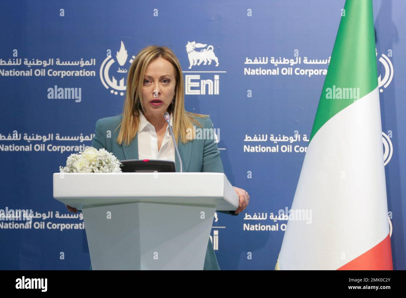 Italian Prime Minister Giorgia Meloni speaks during a conference in Tripoli, Libya, Saturday ...