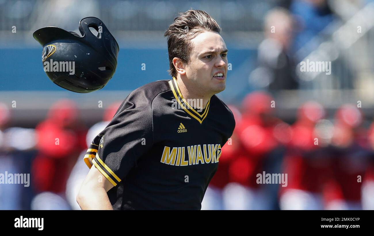 Milwaukee's Devin Rybacki runs to first base after batting against ...