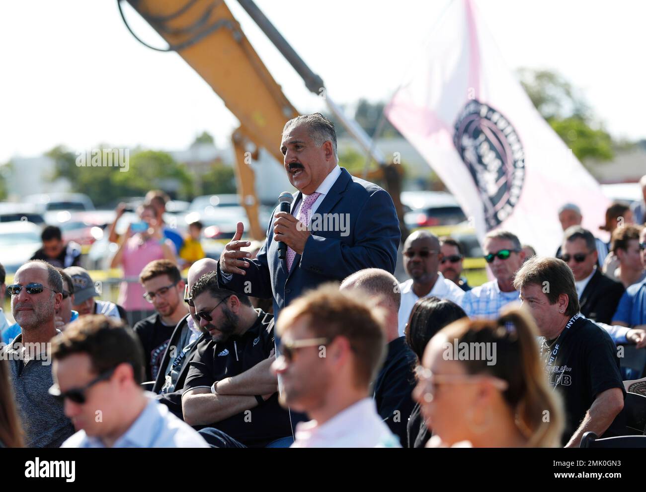 Soccer commentator Fernando Fiore speaks during a demolition ceremony ...
