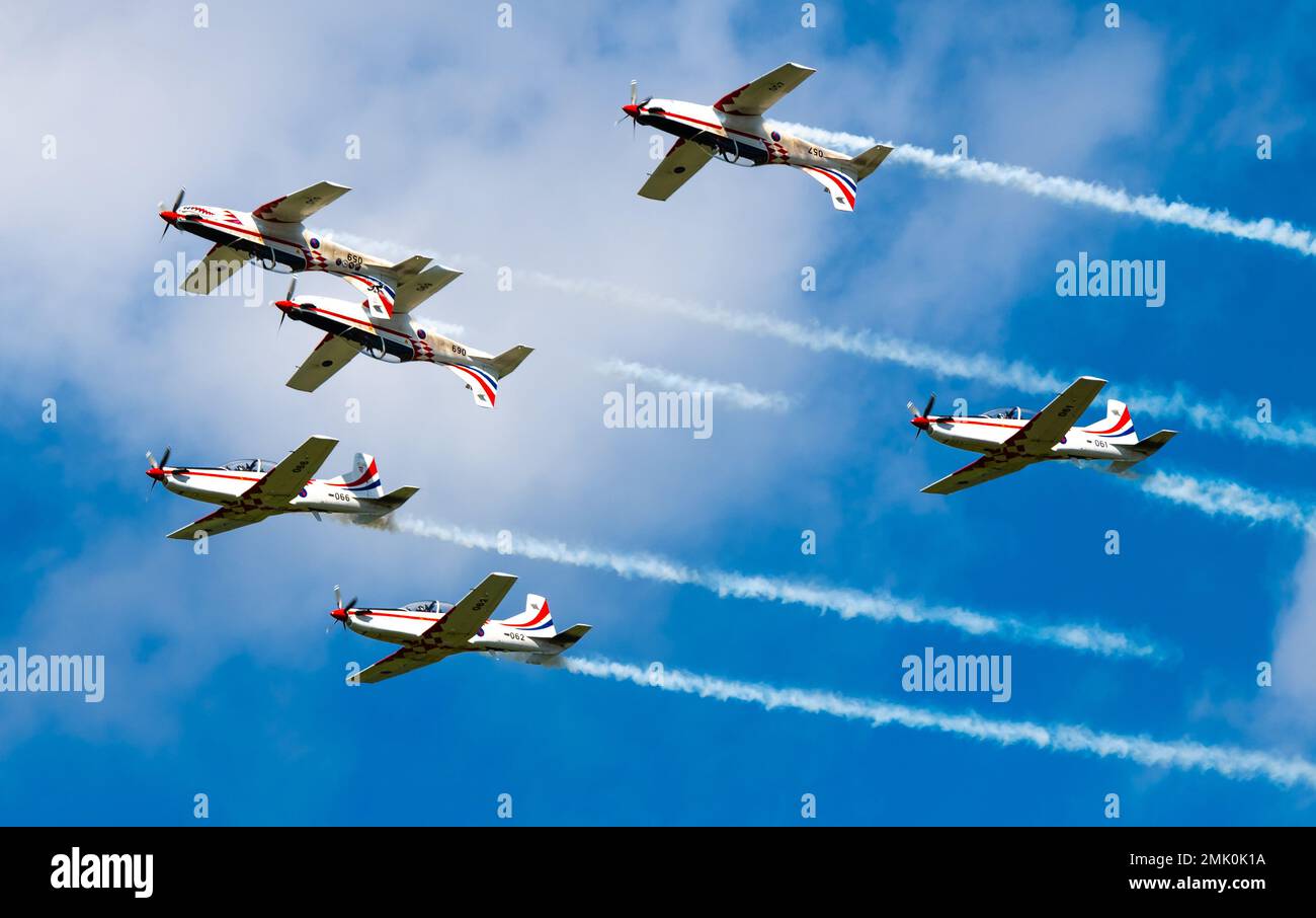 Six Croatian Air Force PC-9M turboprop aircraft from the Krila Oluje aerobatic team fly in ...