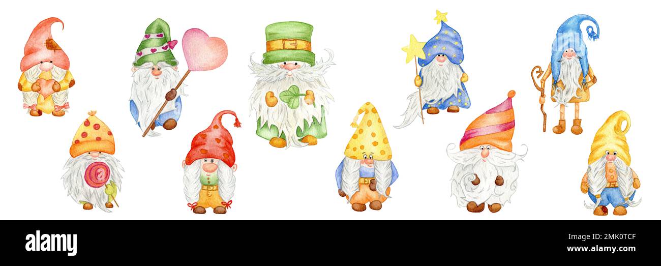Watercolor large set with various Gnomes. Illustration of a Christmas ...