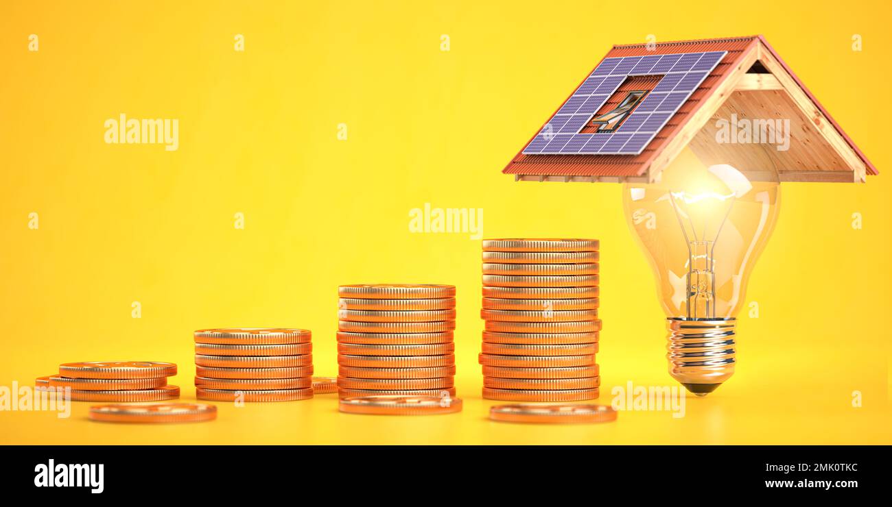Stack of coins and light bulb under a roof with solar panels. Money ...