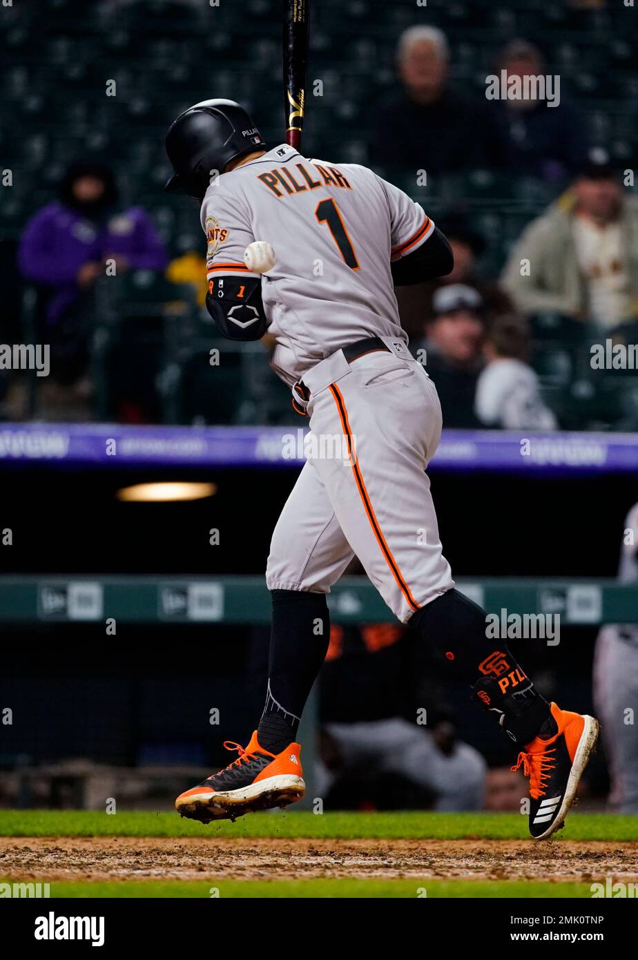 San Francisco Giants' Kevin Pillar is hit by a pitch during the ninth ...