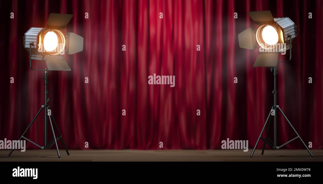 Stage or studio spotlight on red curtain background. Lighting equipment ...