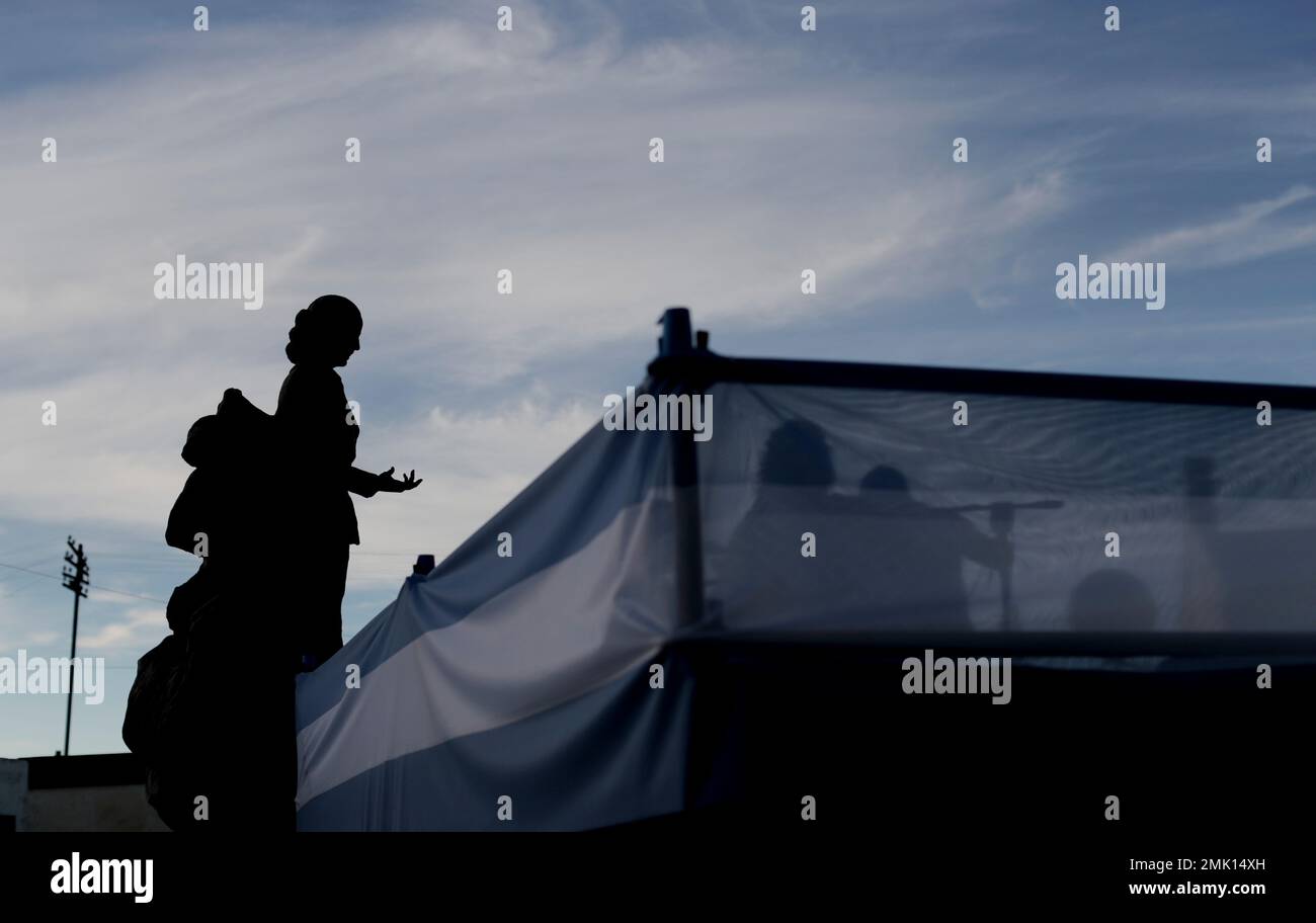 A statue of Eva Person stands in Los Toldos, Argentina, Monday, May 6 ...